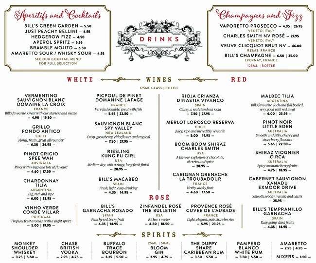 Menu at Bill's restaurant, Marlow, 40 West St