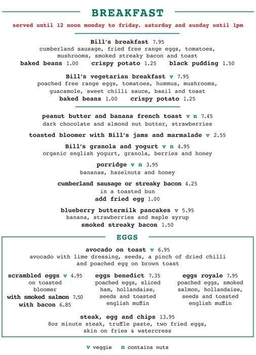 Menu at Bill's restaurant, Marlow, 40 West St