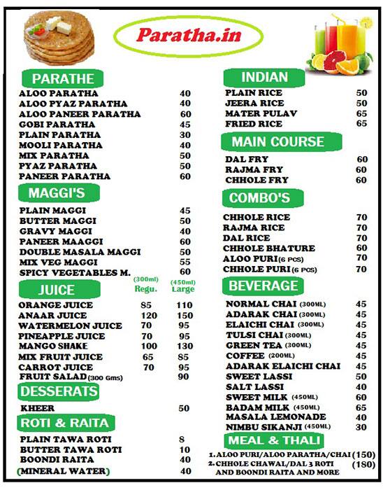 Menu of Paratha.in, Malviya Nagar, New Delhi