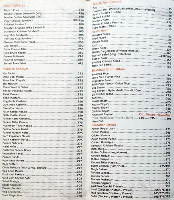 Menu of Gold Coins Eatery & Bar, Matunga West, Mumbai