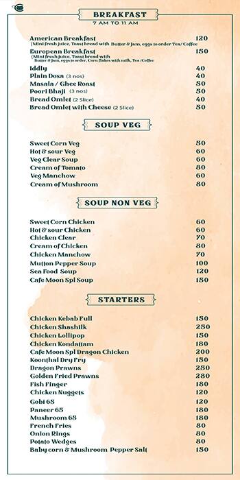 Menu of Cafe Moon, Koramangala 7th Block, Bangalore