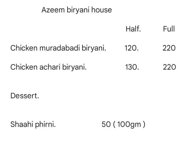 Menu of Azeem Biryani House, Jasola, New Delhi