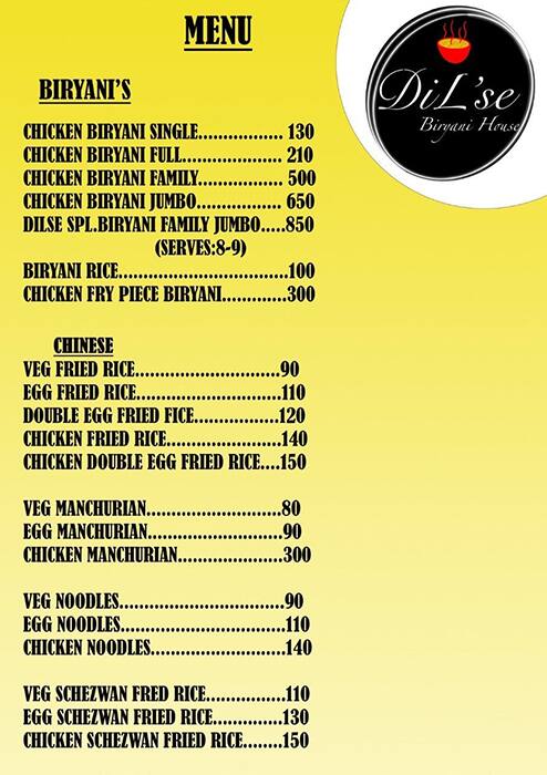 Menu of Dil Se Biryani House, Kukatpally, Hyderabad