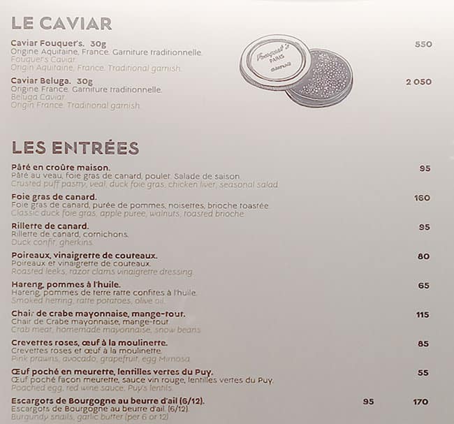 Menu of Fouquet’s, Downtown Dubai, Dubai