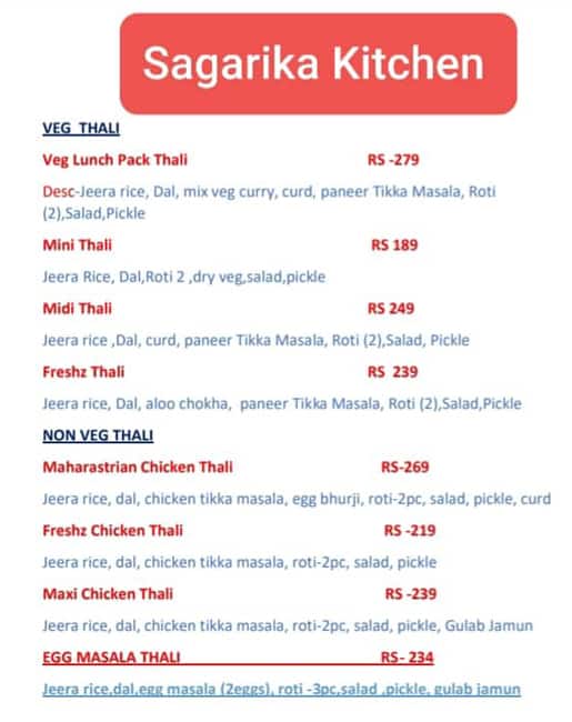 Menu of Sagarika Kitchen, Magarpatta, Pune