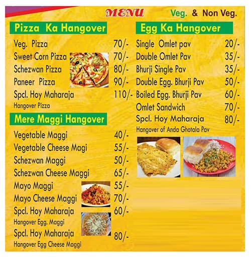 Menu of Hangover, Kandivali East, Mumbai