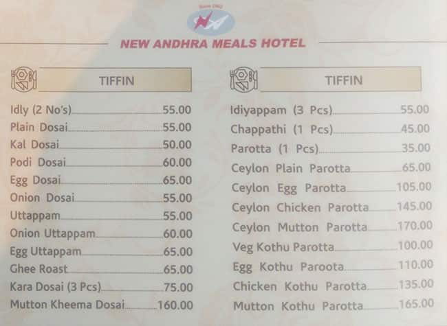 Menu at New Andhra Restaurant, Chennai