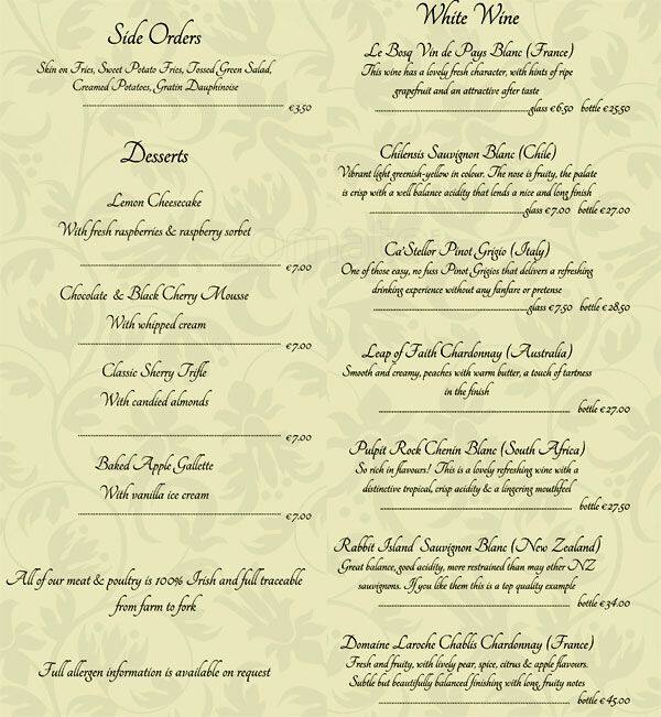 Menu at President's Bar, Dublin, Merrion Street Lower