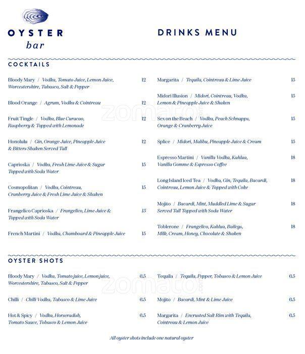 Menu at Oyster Bar, South Yunderup, The Palladio On The Boardwalk