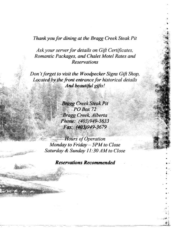 Menu at Barbecue Steak Pit, Bragg Creek