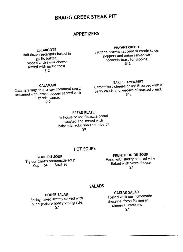 Menu at Barbecue Steak Pit, Bragg Creek