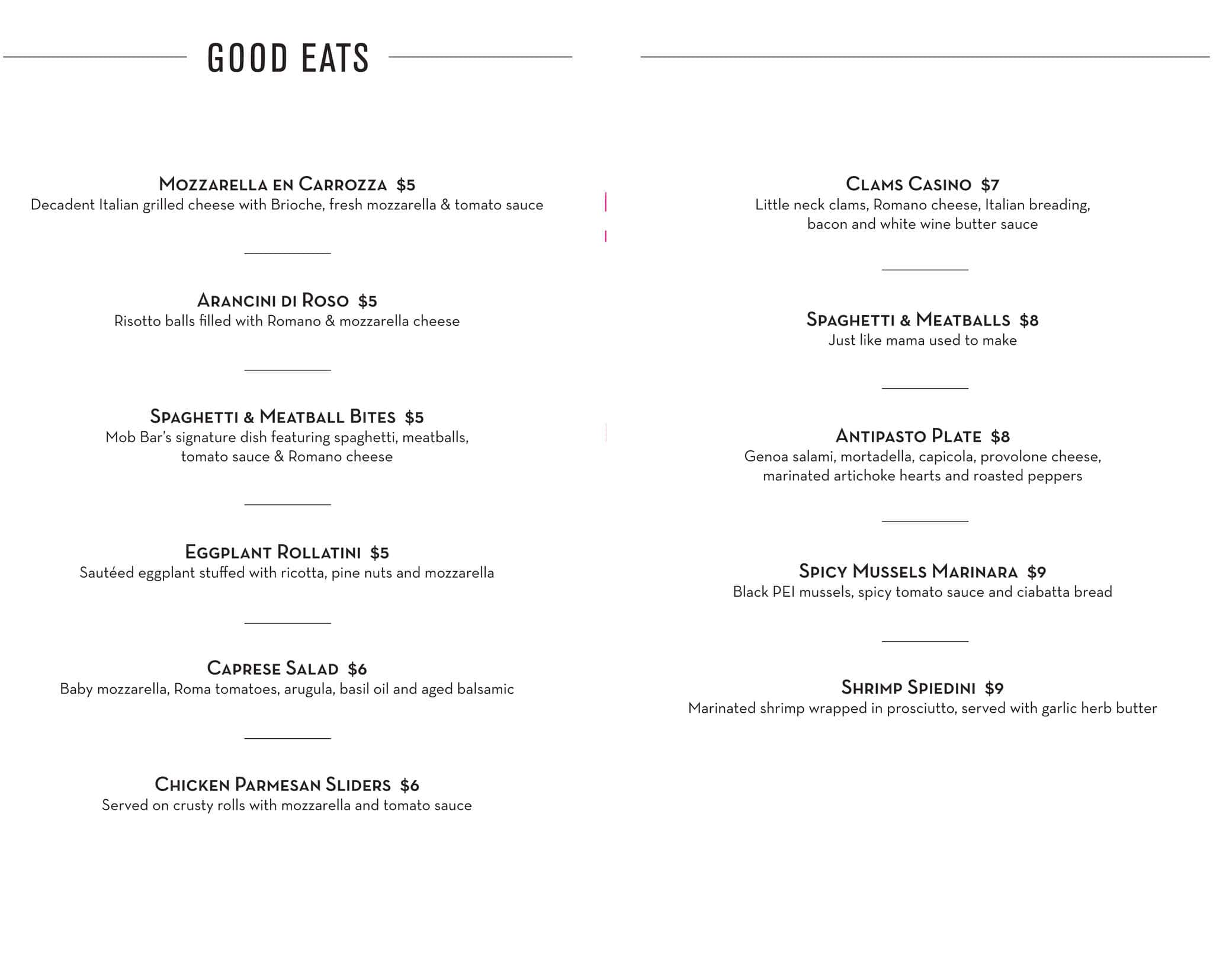 Menu at Mob Bar, Las Vegas