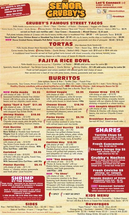 Menu at Señor Grubby's restaurant, Carlsbad