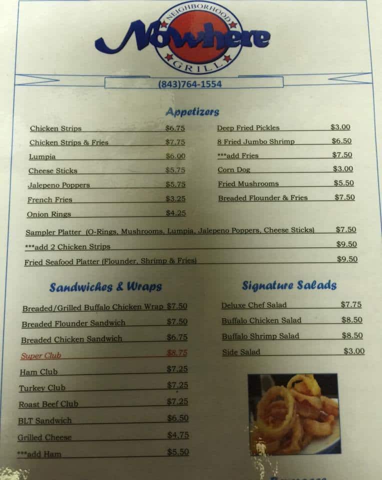 Menu at Nowhere Bar and Grill, Goose Creek