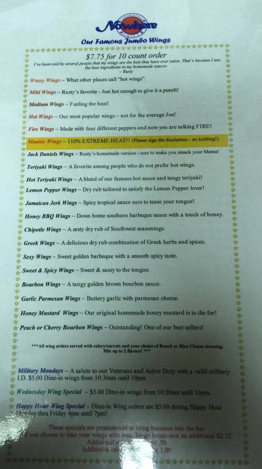Menu at Nowhere Bar and Grill, Goose Creek
