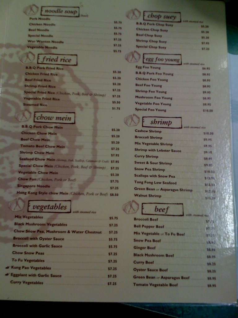 Menu at Tong Fong Low restaurant, Oroville