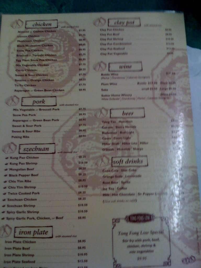 Menu at Tong Fong Low restaurant, Oroville