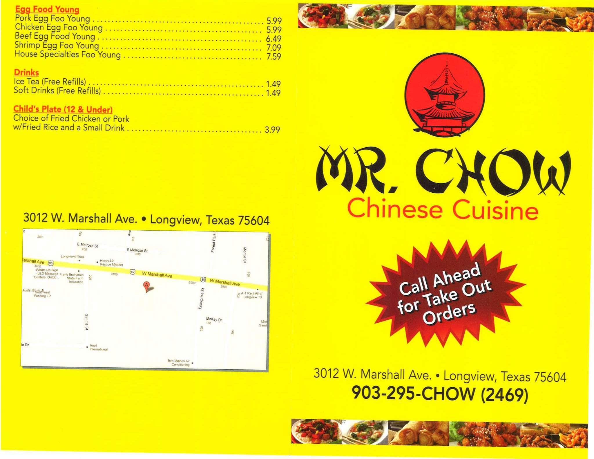 Menu at Mr Chow restaurant, Longview