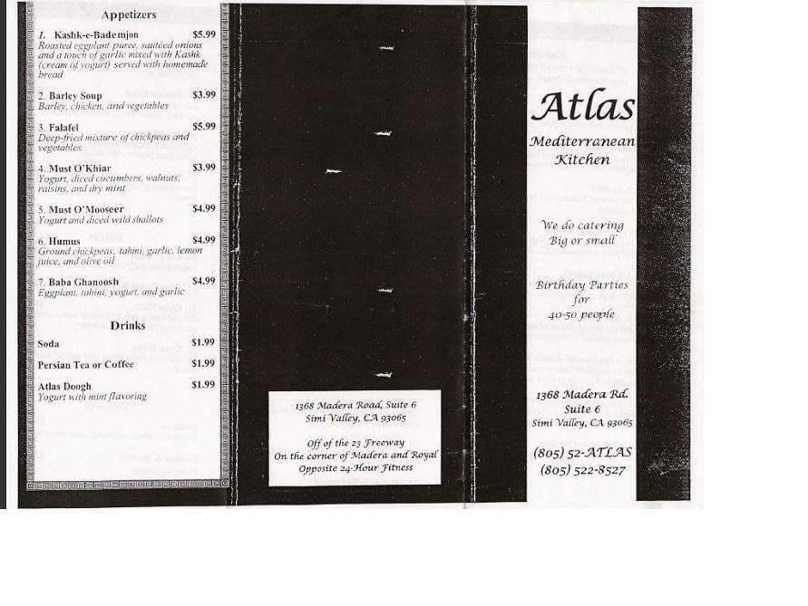 Menu at Atlas Mediterranean Kitchen restaurant, Simi Valley
