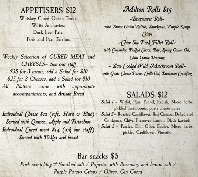 Carta del pub y bar The Milton, Elwood