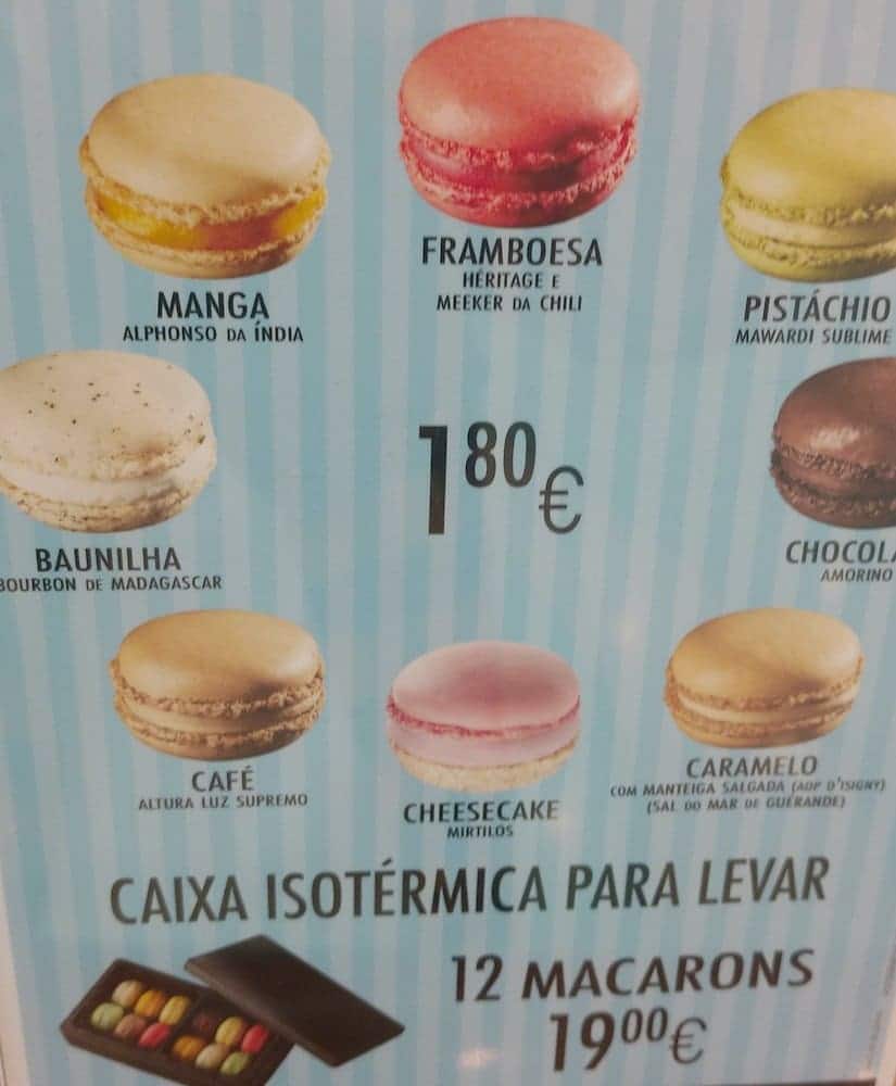 Menu at Amorino, Lisbon