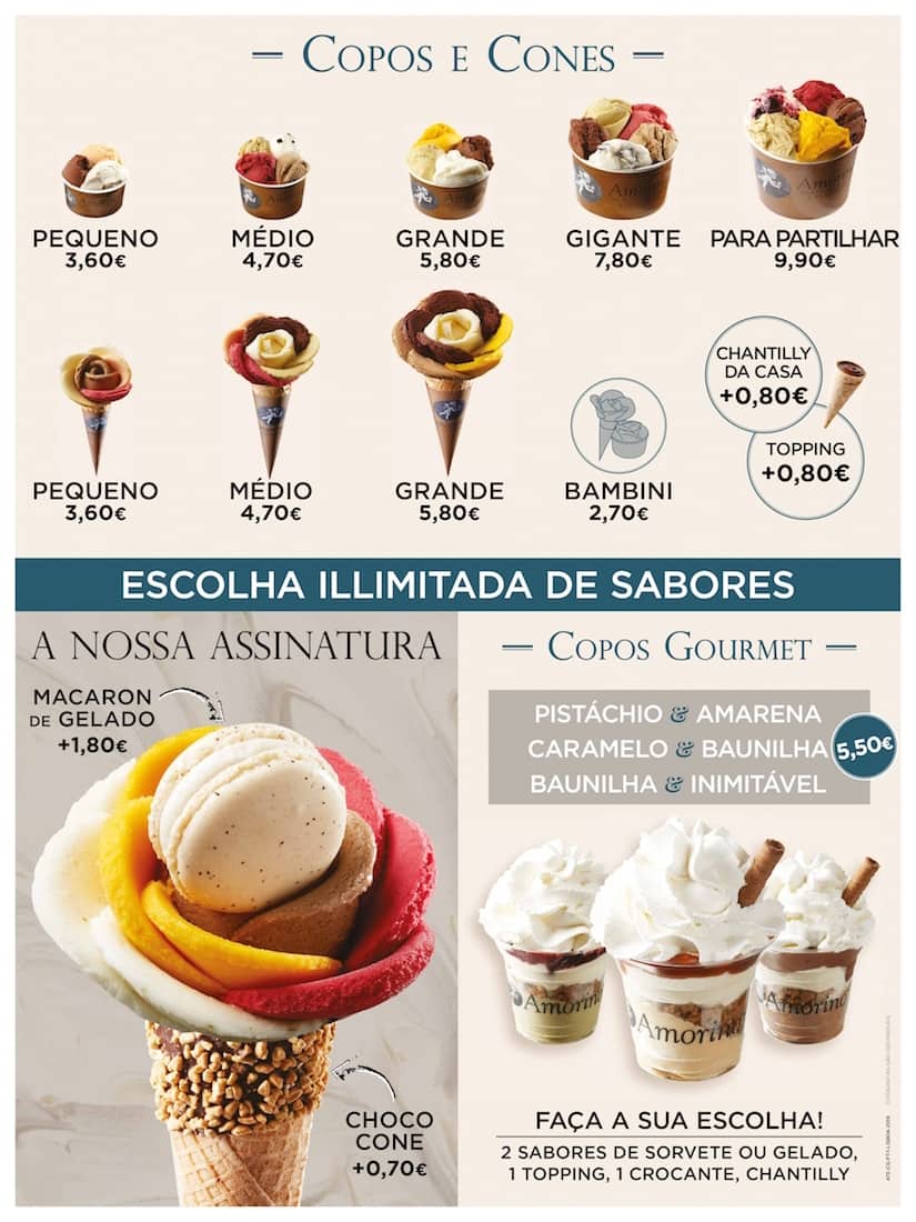 Menu at Amorino, Lisbon