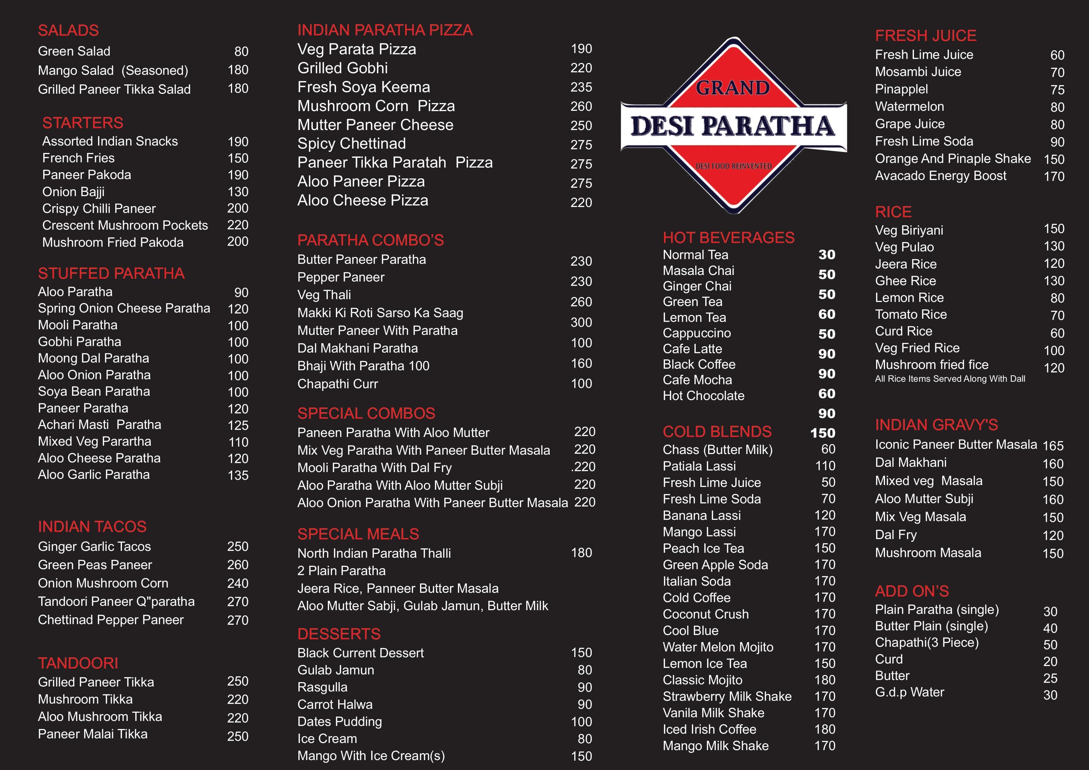 Menu at The Paratha Palace, Bengaluru