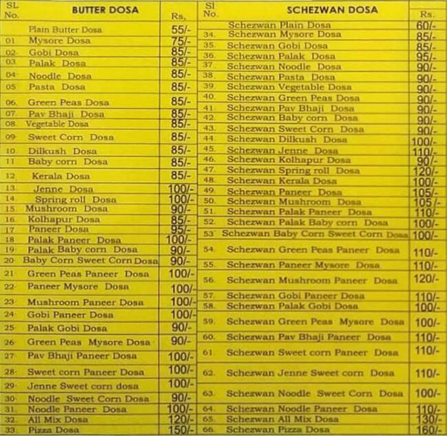 Menu of Famous 99 Variety Dosa, JP Nagar, Bangalore