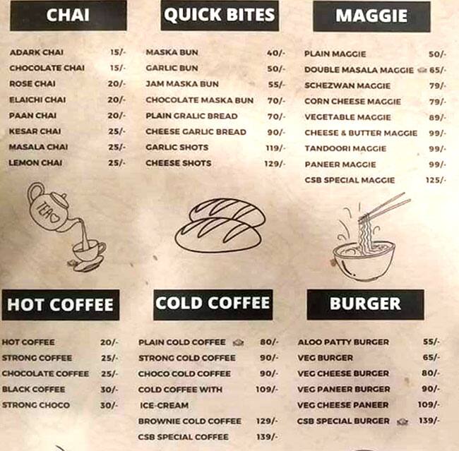 Menu of Chai Sutta Bar, Diwalipura, Vadodara