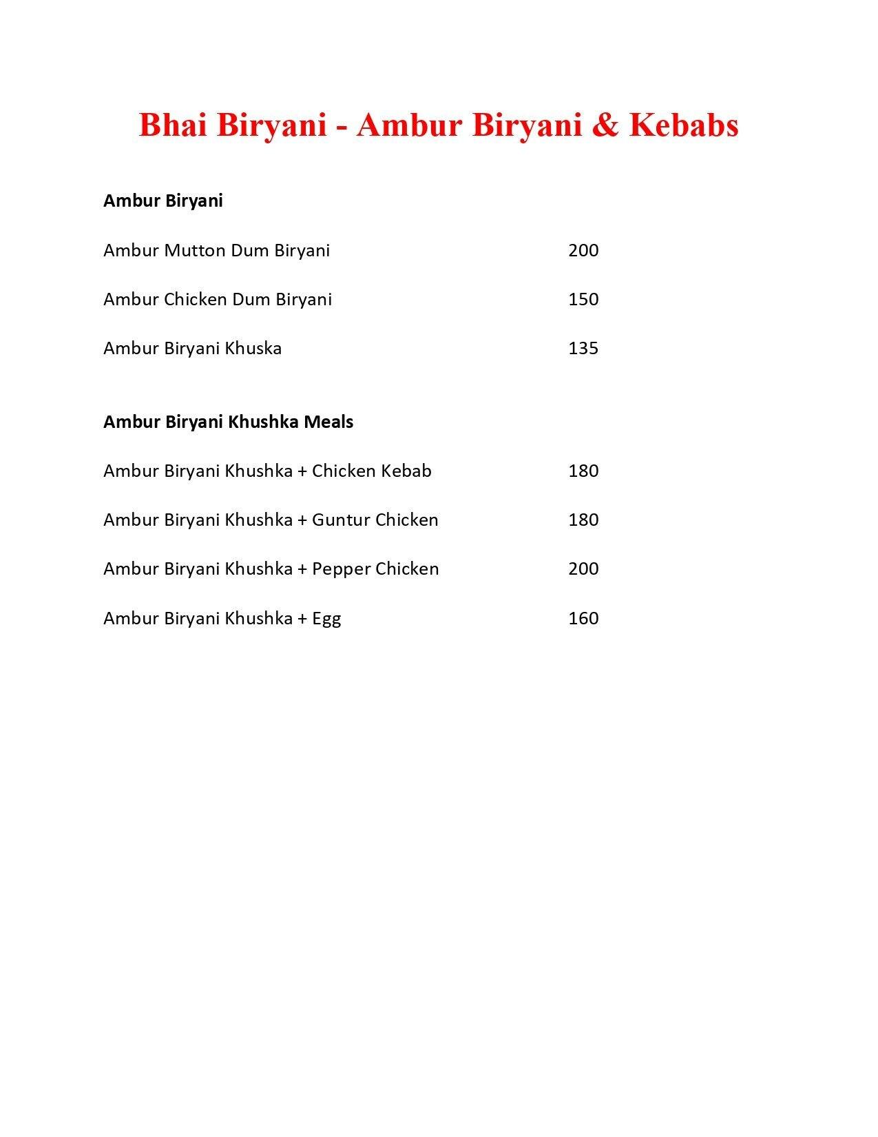 Menu of Bhai Biryani - Ambur Biryani & Kebabs, Electronic City, Bangalore