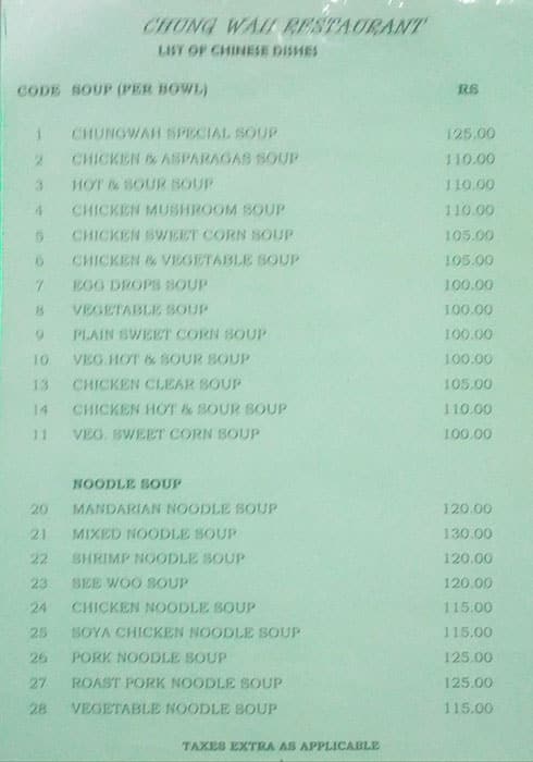 Menu of Chung Wah, Chandni Chowk, Kolkata