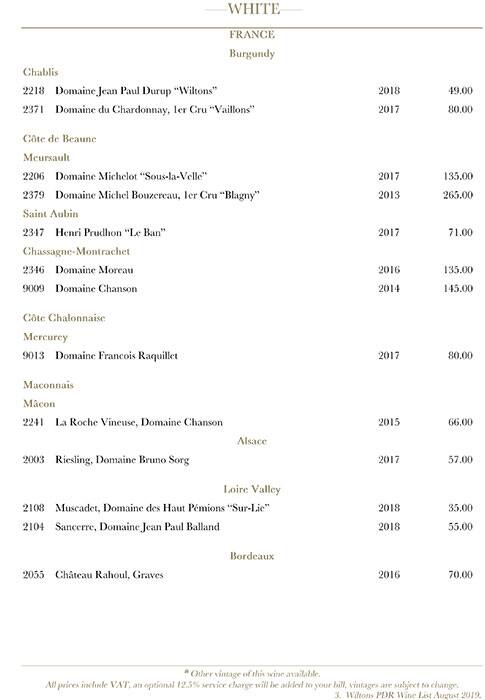Menu at Wiltons restaurant, London