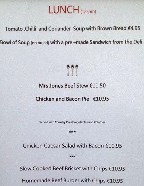 Menu at Mrs Jones Kitchen cafe, Dublin