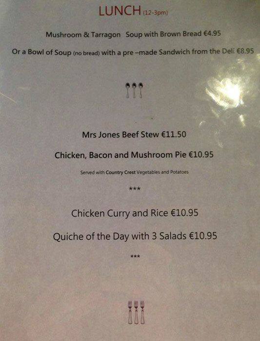 Menu at Mrs Jones Kitchen cafe, Dublin