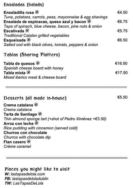 Menu At Las Tapas De Lola Pub And Bar Dublin