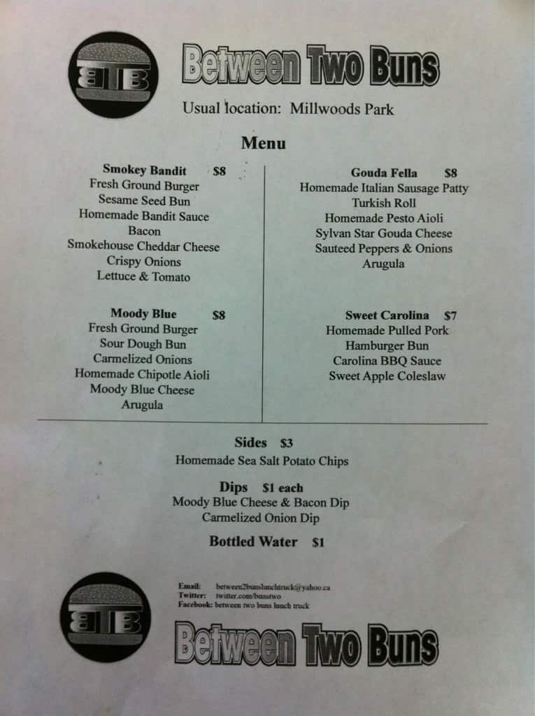 Menu at Between Two Buns, Edmonton