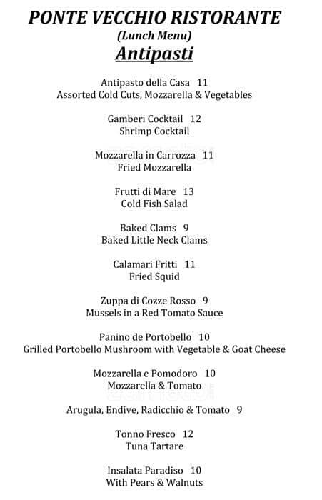 Carta del restaurante Ponte Vecchio, Nueva York, 4th Ave