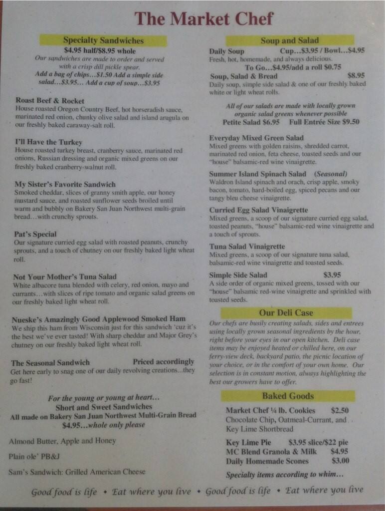 Menu at Market Chef cafe, Friday Harbor