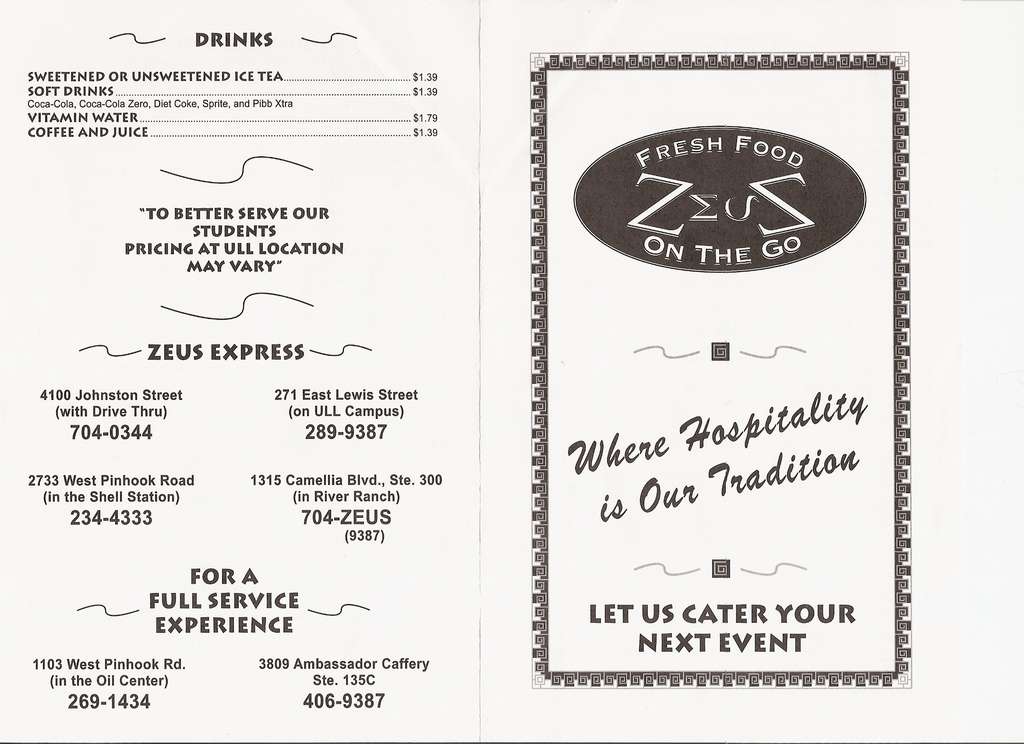 Menu at Zeus restaurant, Lafayette, Ambassador Caffery Pkwy