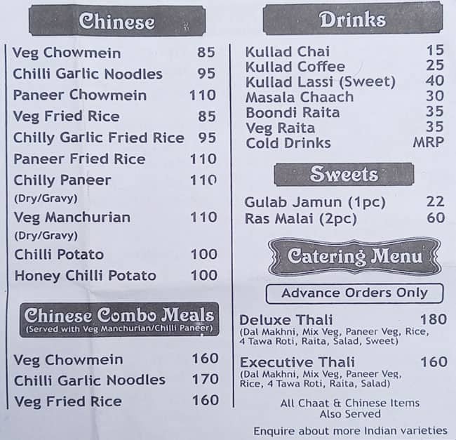 Menu at Great Indian Chaat Company, New Delhi