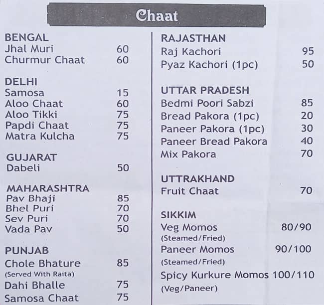 Menu at Great Indian Chaat Company, New Delhi