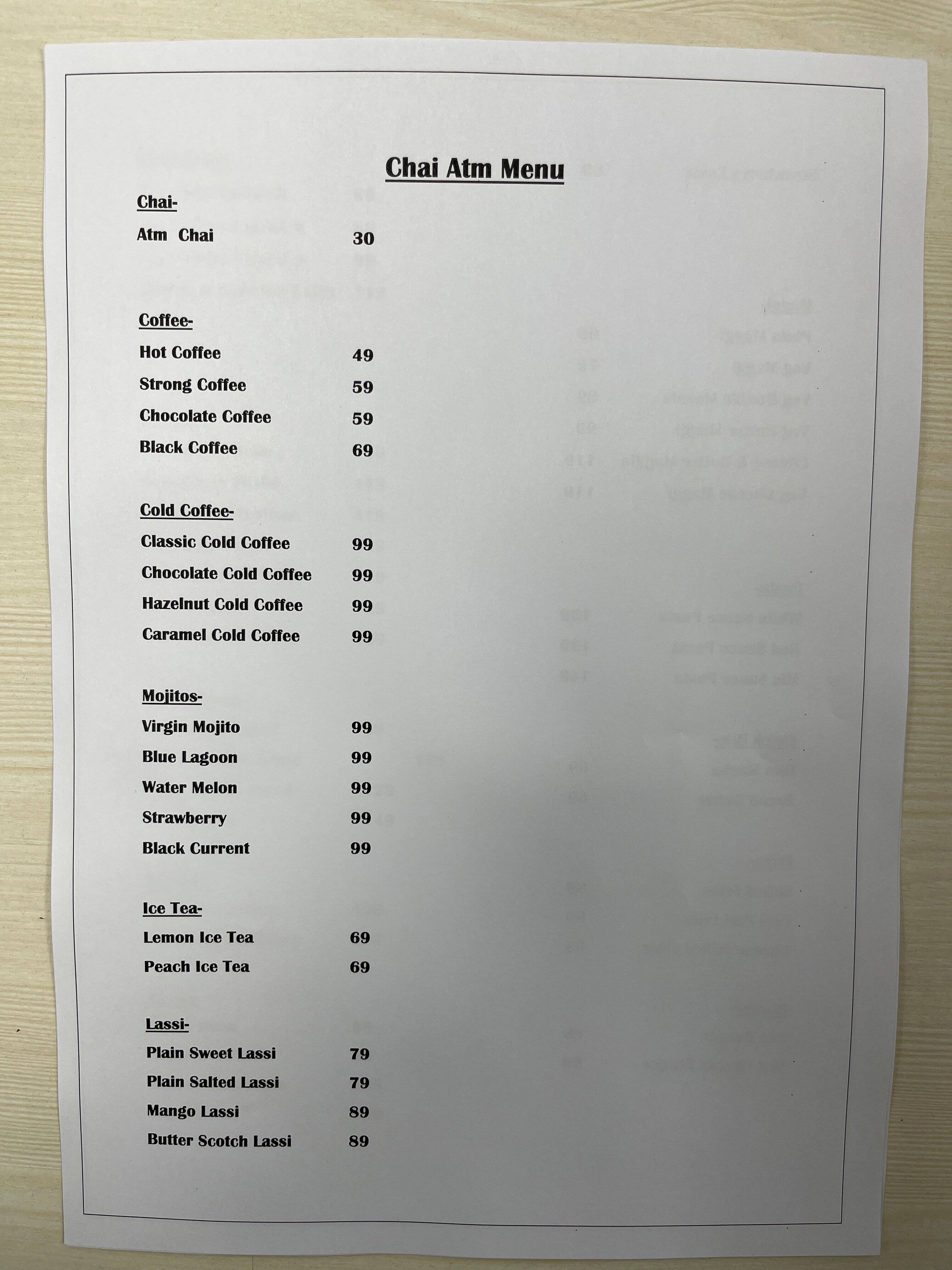 Menu of Chai ATM, Mukherjee Nagar, New Delhi