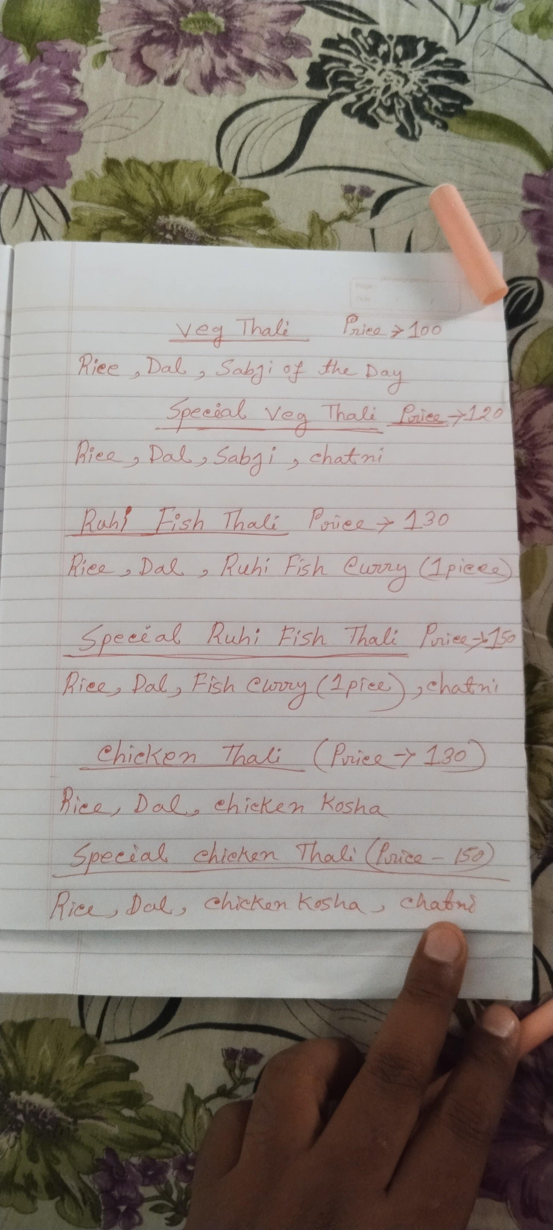 Menu of Bengali Thali, Sinthi, Kolkata