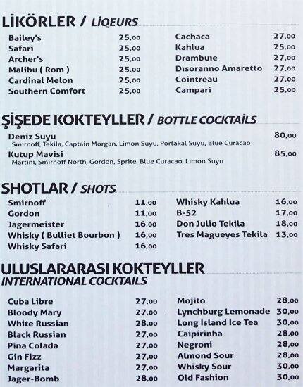 Menu at Liman Kahvesi, Istanbul