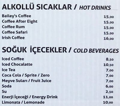 Menu at Liman Kahvesi, Istanbul