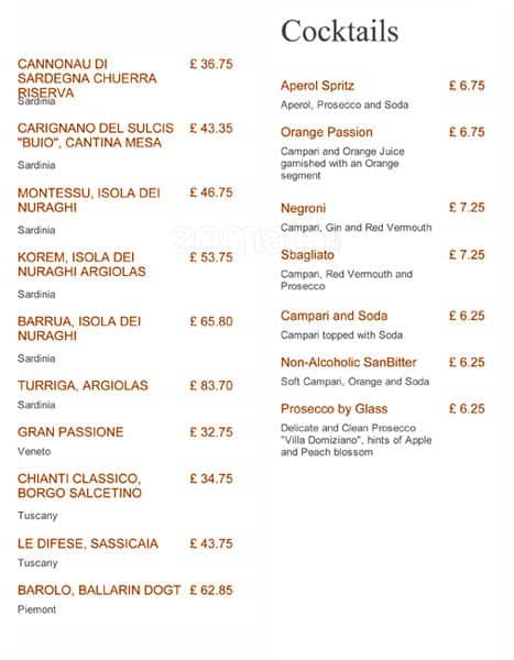 Menu at Isola Del Sole restaurant, London, 16 Lacy Rd