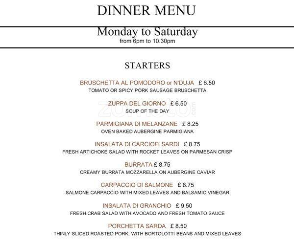 Menu at Isola Del Sole restaurant, London, 16 Lacy Rd