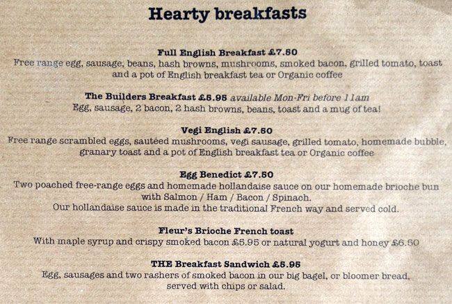 Menu at Cafe Fleur, London