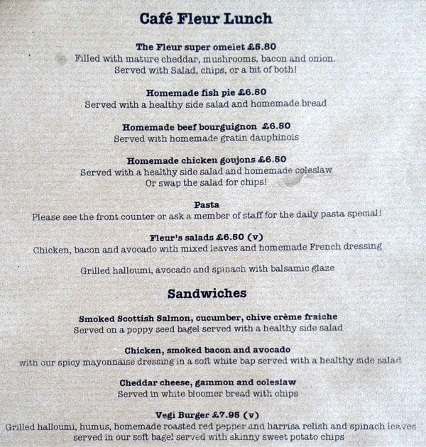Menu at Cafe Fleur, London