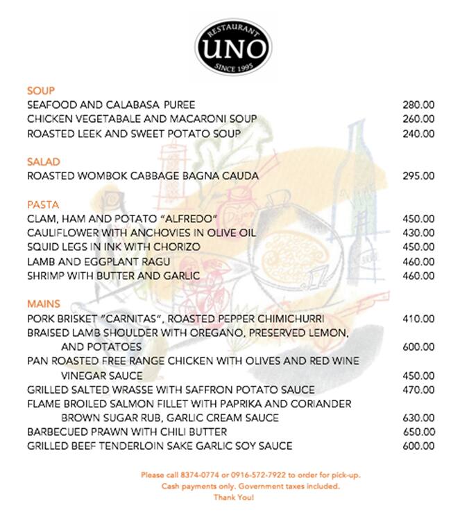 Menu At Uno Restaurant Quezon City 195 T Morato Ave